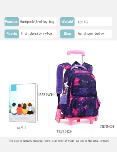 Voici et Voila 4Pcs Rolling Backpack Kids Backpack with Wheels Girls 6 Wheels Backpack on Wheels Gradient Geometric Trolley Rolling School Backpack Multi-Function Breathable Elementary School