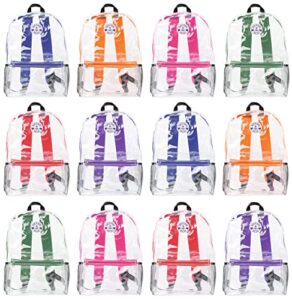 12 pack 17 inch wholesale children's school backpack, bulk water resistant knapsacks for school age kids (12 pack clear with colorful trim)