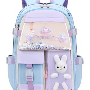 MCWTH School Backpack for Girls, Lightweight Waterproof Cute Bunny School Bookbag for Teen Kids Students Elementary (Rabbit Blue)