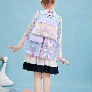 MCWTH School Backpack for Girls, Lightweight Waterproof Cute Bunny School Bookbag for Teen Kids Students Elementary (Rabbit Blue)