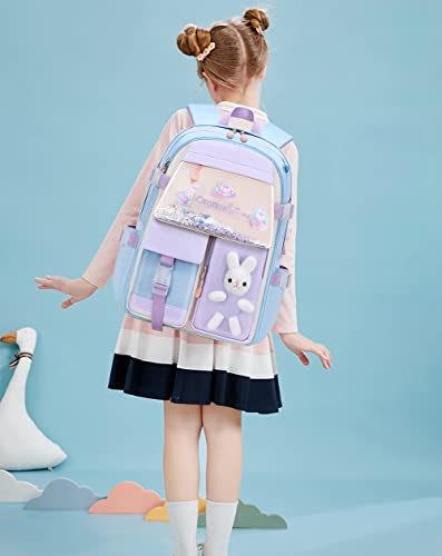 MCWTH School Backpack for Girls, Lightweight Waterproof Cute Bunny School Bookbag for Teen Kids Students Elementary (Rabbit Blue)