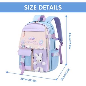 MCWTH School Backpack for Girls, Lightweight Waterproof Cute Bunny School Bookbag for Teen Kids Students Elementary (Rabbit Blue)