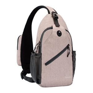 fancosni sling bags for women men, crossbody sling backpack, chest bag lightweight shoulder bag, multipurpose sling bag for travel, hiking, shopping, walking, biking, cycling, earphone hole, beige