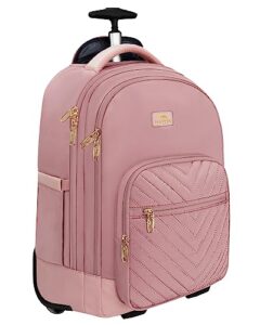 matein rolling backpack for women, 17 inch travel laptop backpacks with wheels, waterproof large carry on business luggage roller backpack, trolley suitcase overnight college work computer bag, pink