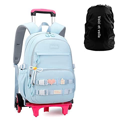 Voici et Voila Backpack with Wheels Girls Kids Rolling Backpack on Wheels Girls Roller Backpack with Wheels 6 Wheels Backpack Raincover Water Resistant Solid Color Elementary School Girls