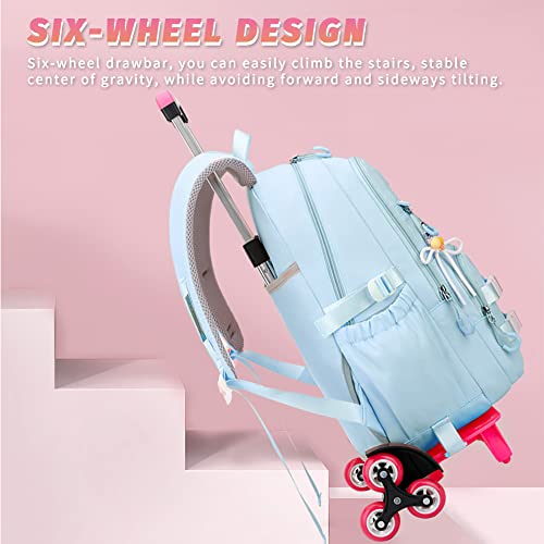 Voici et Voila Backpack with Wheels Girls Kids Rolling Backpack on Wheels Girls Roller Backpack with Wheels 6 Wheels Backpack Raincover Water Resistant Solid Color Elementary School Girls