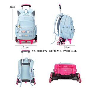 Voici et Voila Backpack with Wheels Girls Kids Rolling Backpack on Wheels Girls Roller Backpack with Wheels 6 Wheels Backpack Raincover Water Resistant Solid Color Elementary School Girls