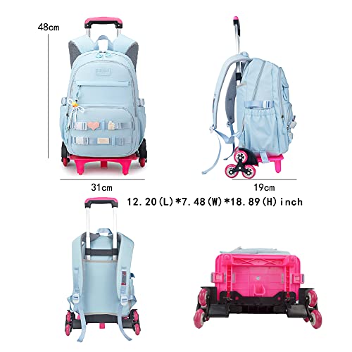 Voici et Voila Backpack with Wheels Girls Kids Rolling Backpack on Wheels Girls Roller Backpack with Wheels 6 Wheels Backpack Raincover Water Resistant Solid Color Elementary School Girls