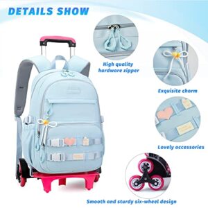 Voici et Voila Backpack with Wheels Girls Kids Rolling Backpack on Wheels Girls Roller Backpack with Wheels 6 Wheels Backpack Raincover Water Resistant Solid Color Elementary School Girls