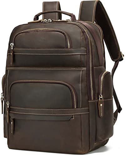 Taertii Vintage Full Grain Genuine Leather Backpack for Men - Fits 16" Laptop, Travel, Hiking, Business, Work, Rucksack Daypack 32L - Brown