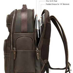 Taertii Vintage Full Grain Genuine Leather Backpack for Men - Fits 16" Laptop, Travel, Hiking, Business, Work, Rucksack Daypack 32L - Brown