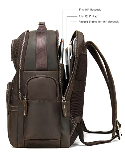 Taertii Vintage Full Grain Genuine Leather Backpack for Men - Fits 16" Laptop, Travel, Hiking, Business, Work, Rucksack Daypack 32L - Brown