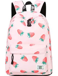 mirlewaiy 15.7 inch water-resistent large capacity travel laptop backpack lightweight primary junior school bag for teen girls, pink strawberry