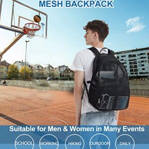 Heavy Duty Mesh Backpack for School, 30L Extra Large See Through Mesh Bookbag for Adults with Comfort Padded Straps for School, Beach, Swimming, Fitness, Sports(Black)