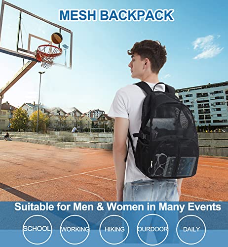 Heavy Duty Mesh Backpack for School, 30L Extra Large See Through Mesh Bookbag for Adults with Comfort Padded Straps for School, Beach, Swimming, Fitness, Sports(Black)