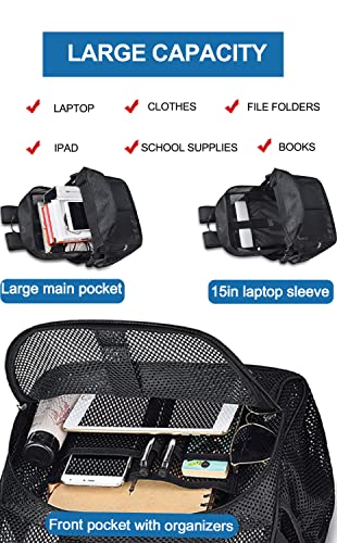 Heavy Duty Mesh Backpack for School, 30L Extra Large See Through Mesh Bookbag for Adults with Comfort Padded Straps for School, Beach, Swimming, Fitness, Sports(Black)