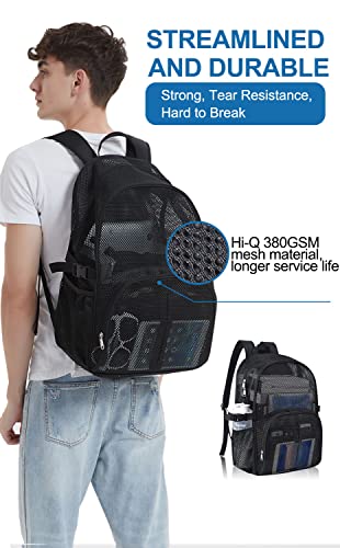 Heavy Duty Mesh Backpack for School, 30L Extra Large See Through Mesh Bookbag for Adults with Comfort Padded Straps for School, Beach, Swimming, Fitness, Sports(Black)