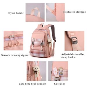 Girls Plaid Aesthetics Backpack Teens Lightweight Casual Bookbag Kawaii Travel Bag with Cute Pins Accessories Schoolbag