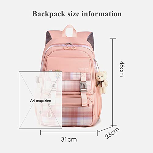 Girls Plaid Aesthetics Backpack Teens Lightweight Casual Bookbag Kawaii Travel Bag with Cute Pins Accessories Schoolbag