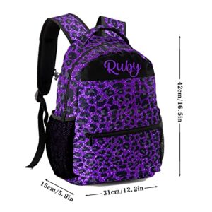 Deven Purple Glitter Leopard Print Personalized Kids Backpack for Boy/Girl Teen Primary School Daypack Travel Bag Bookbag