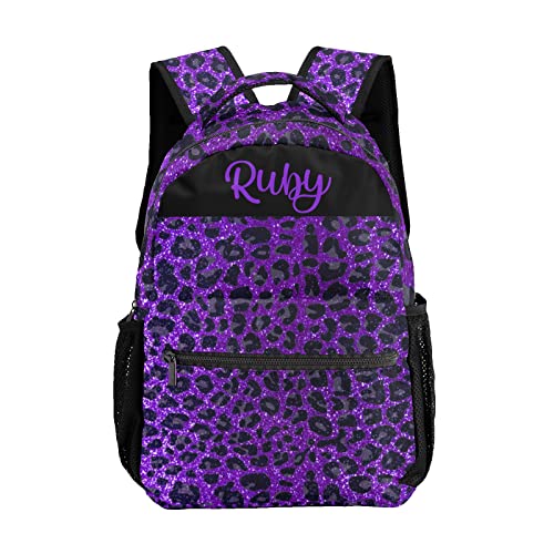 Deven Purple Glitter Leopard Print Personalized Kids Backpack for Boy/Girl Teen Primary School Daypack Travel Bag Bookbag