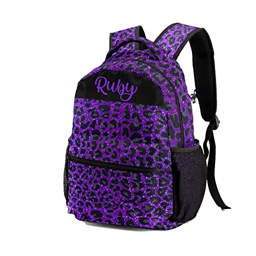 Deven Purple Glitter Leopard Print Personalized Kids Backpack for Boy/Girl Teen Primary School Daypack Travel Bag Bookbag