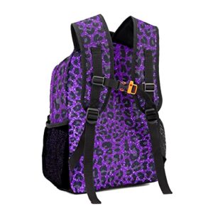 Deven Purple Glitter Leopard Print Personalized Kids Backpack for Boy/Girl Teen Primary School Daypack Travel Bag Bookbag