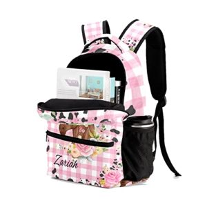 Deven Floral Horse Pink Plaid Personalized Kids Backpack for Boy/Girl Teen Primary School Daypack Travel Bag Bookbag