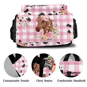 Deven Floral Horse Pink Plaid Personalized Kids Backpack for Boy/Girl Teen Primary School Daypack Travel Bag Bookbag