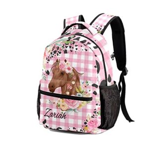 Deven Floral Horse Pink Plaid Personalized Kids Backpack for Boy/Girl Teen Primary School Daypack Travel Bag Bookbag