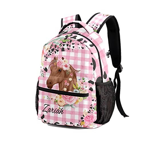 Deven Floral Horse Pink Plaid Personalized Kids Backpack for Boy/Girl Teen Primary School Daypack Travel Bag Bookbag