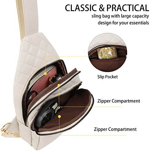 EMBRUNIOICE PU Leather Sling Bag for Women Quilted Crossbody Sling Backpack for Cycling Hiking Travel（Cream）