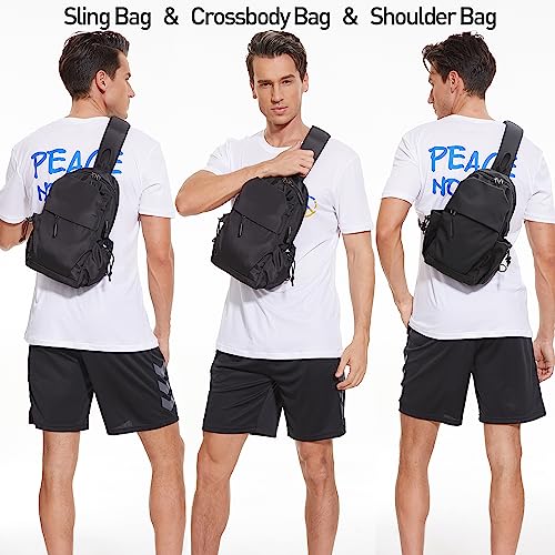 Small Black Sling Crossbody Backpack Shoulder Bag for Men Women, Waterproof Lightweight One Strap Backpack Sling Bag Backpack for Hiking Walking Biking Travel Cycling USB Charger Port-Nylon