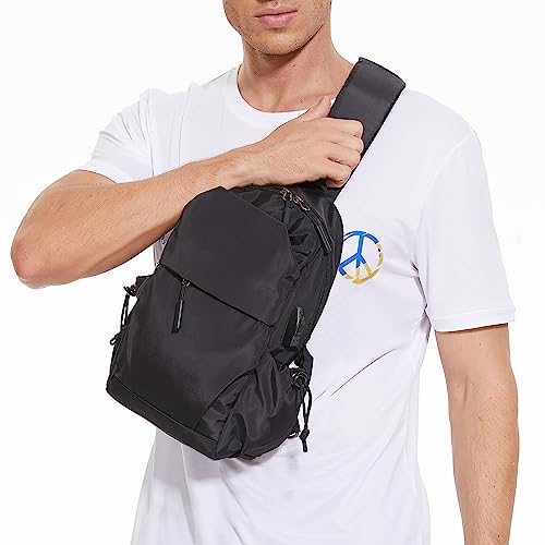 Small Black Sling Crossbody Backpack Shoulder Bag for Men Women, Waterproof Lightweight One Strap Backpack Sling Bag Backpack for Hiking Walking Biking Travel Cycling USB Charger Port-Nylon