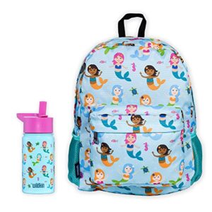 wildkin 16 inch backpack bundle with 14 ounce steel reusable water bottle (mermaids)