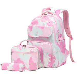 rexmore kids backpack for girls,3 pcs set elementary bookbag waterproof cute school bag with multi pockets and compartment,pink