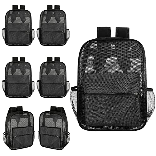 Amylove 6 Pcs Bulk Mesh Backpack Mesh Bookbag for Kids Beach Backpack Kids Beach Bag Mesh Beach Bag for Student Adults School Sports Swimming Beach Outdoor Travel(Black)