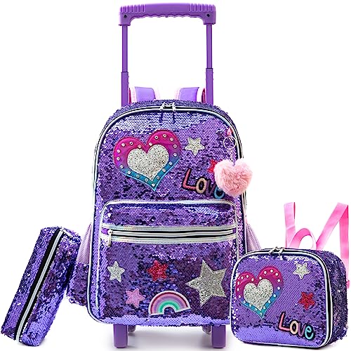 Meetbelify Rolling Backpack for Girls School Backpack with Wheels Kids Sequin Roller Luggage for Elementary Kindergarten Students with Lunch Box Pencil Case for Girls 5-12 Years Old