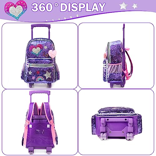 Meetbelify Rolling Backpack for Girls School Backpack with Wheels Kids Sequin Roller Luggage for Elementary Kindergarten Students with Lunch Box Pencil Case for Girls 5-12 Years Old