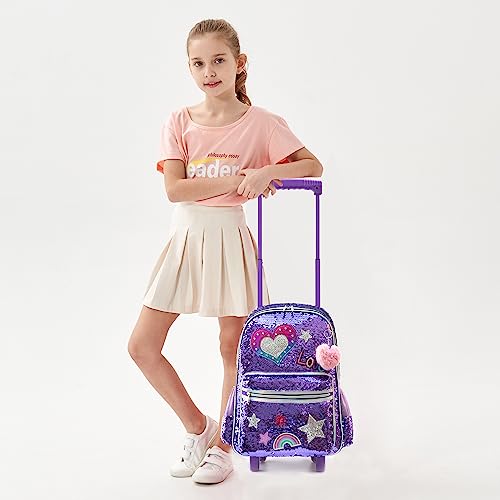 Meetbelify Rolling Backpack for Girls School Backpack with Wheels Kids Sequin Roller Luggage for Elementary Kindergarten Students with Lunch Box Pencil Case for Girls 5-12 Years Old