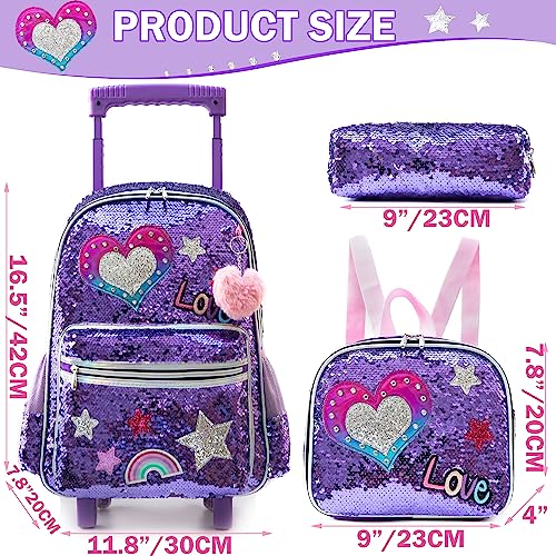 Meetbelify Rolling Backpack for Girls School Backpack with Wheels Kids Sequin Roller Luggage for Elementary Kindergarten Students with Lunch Box Pencil Case for Girls 5-12 Years Old