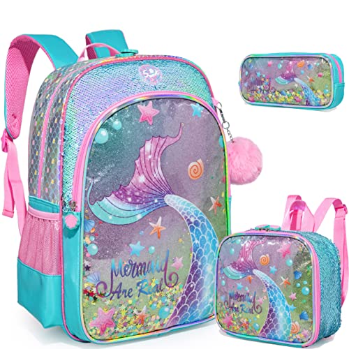 ZBAOGTW Mermaid Backpacks for Girls Kids School Cute Bookbag for Kindergarten Elementary Sequin School Backpack for Girls Lightweight School Bag with Lunch Box