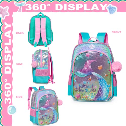 ZBAOGTW Mermaid Backpacks for Girls Kids School Cute Bookbag for Kindergarten Elementary Sequin School Backpack for Girls Lightweight School Bag with Lunch Box