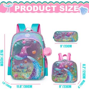 ZBAOGTW Mermaid Backpacks for Girls Kids School Cute Bookbag for Kindergarten Elementary Sequin School Backpack for Girls Lightweight School Bag with Lunch Box