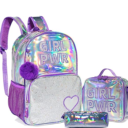 HTgroce Purple Backpacks for Girls with Lunch Box Kindergarten Backpack Glitter for Girls School Backpack Set Girls Book Bag Purple