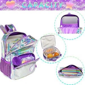 HTgroce Purple Backpacks for Girls with Lunch Box Kindergarten Backpack Glitter for Girls School Backpack Set Girls Book Bag Purple