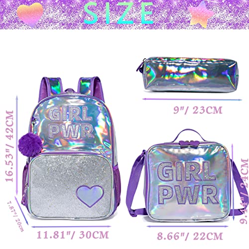 HTgroce Purple Backpacks for Girls with Lunch Box Kindergarten Backpack Glitter for Girls School Backpack Set Girls Book Bag Purple