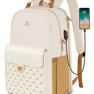 MATEIN Computer Backpack for Women, Large Anti Theft TSA 17 Inch Laptop Backpack with USB Charging Port, Durable Water Resistant Cute College Backpack Casual Daypack Purse for Work Travel, Beige