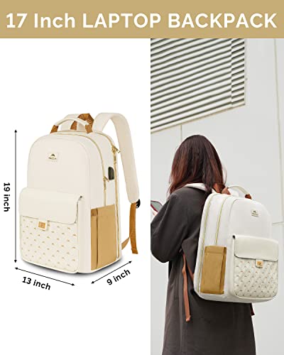 MATEIN Computer Backpack for Women, Large Anti Theft TSA 17 Inch Laptop Backpack with USB Charging Port, Durable Water Resistant Cute College Backpack Casual Daypack Purse for Work Travel, Beige