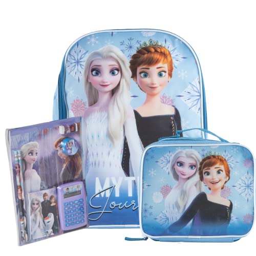 RALME Disney Frozen Back to School Bundle for Girls with Backpack, Lunch Box, and 7 Pc. Calculator & School Supplies Set